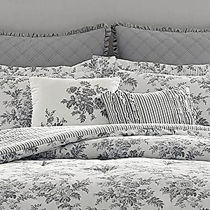 Laura Ashley- King Duvet Cover Set, Reversible Cotton Bedding Set, Includes Matching Sham(s) with Bonus Euro Sham(s) & Throw Pillow Covers (Annalise Floral Grey, King)