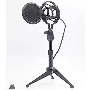 Desktop Microphone Tripod Suspension Stand with Shock Mount Anti-Vibration Mic Holder and 4" Round Mask Shield Double-Net Wind Screen Pop Filter (Large, Black)