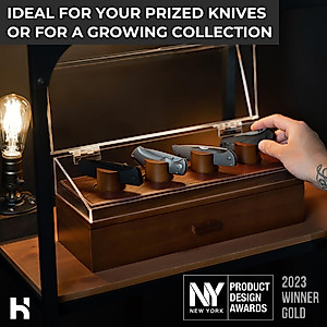Showcase Your Knives with The Knife Deck Pro – Premium Pocket Knife Display Case for 6 Knives – Easy Access & Leather Lining – Drawer for Accessories – Wooden Pocket Knife Holder – Lifetime Assurance