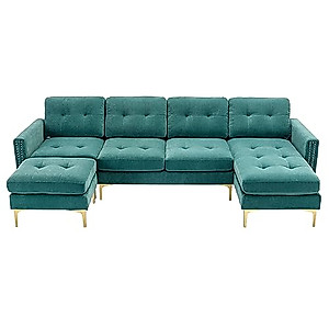 UBGO Living Room Furniture Sets,110" Large Sofa,U-Shape Sectional Chaise Lounge and Convertible Ottoman,Velvet Couches for Apartment,Office (Green)