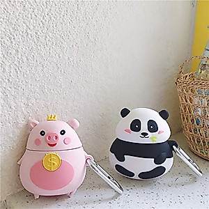 BONTOUJOUR Case Compatible with AirPods 1/2, Super Cute Creative Funny Fat Sitting Panda Eating Bamboo Case, Lovely Animal Style Soft Silicone Earphone Protection Skin +Hook -Bamboo Panda