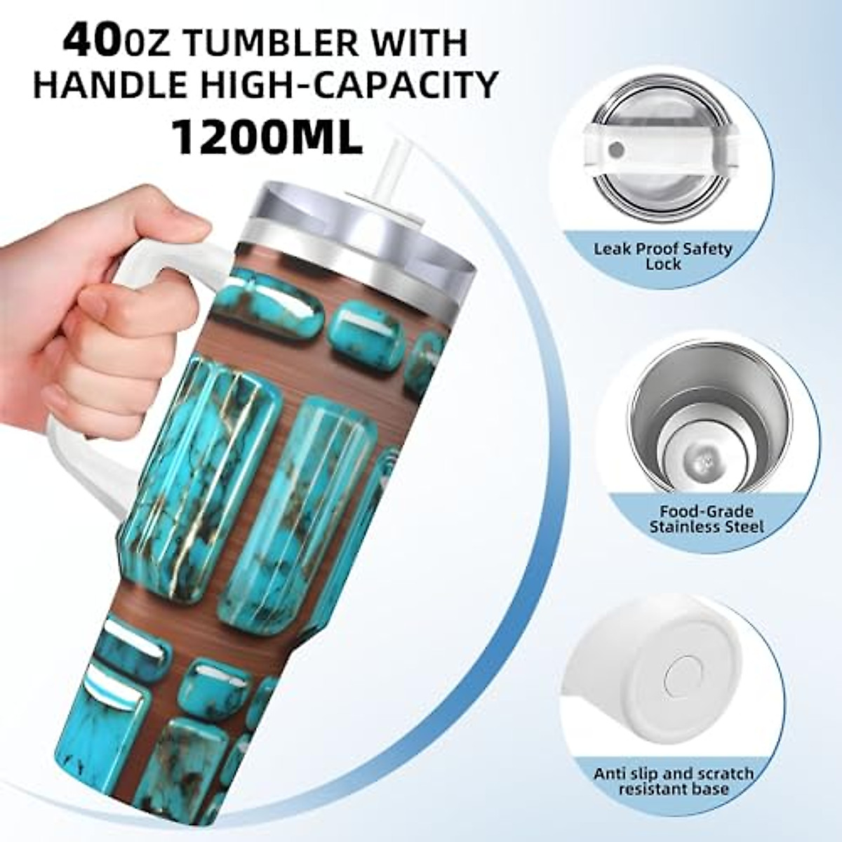 HULIBIN Bright Aqua Blue Turquoise Print Double Deck Stainless Steel Travel Coffee Cup With Lid 40 Oz Ice Bully Cup