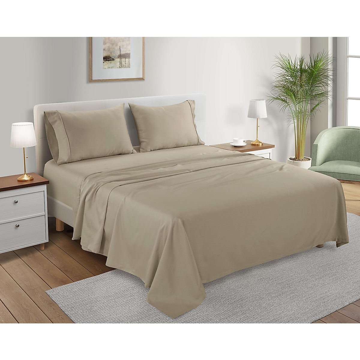 100% Organic Cotton Twin Sheet Set & Standard Pillowcases Set of 2 Combo- 300 Thread Count Long Staple Cotton Sheets,3 Pc Twin Size Sheets & Standard Pillowcases, Sateen Sheets, Breathable - Tan