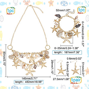 PH PandaHall 3 in 1 Mermaid Jewelry Set Sea Shell Starfish Jewelry Pearl Bib Statement Chunky Mermaid Tail Necklace Bracelets Shell Earrings Summer Mermaid Costume Jewelry for Women Valentine (Gold)