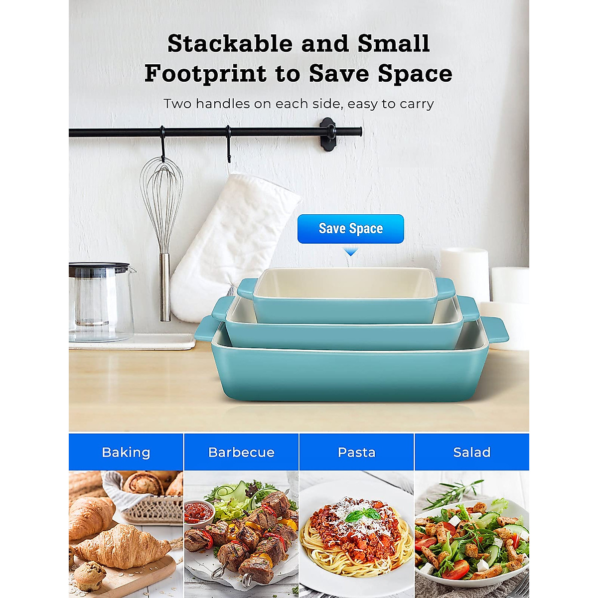3Piece Casserole Dish Ceramic Baking Dish Rectangular Baking Dishes for Oven Ceramic Bakeware with Handles Durable Nonstick Large Lasagna Pan for Cooking, Baking, 10'' x 7'', Gradient SkyBlue
