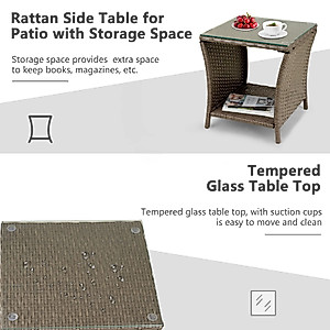 PHIKOOVA Outdoor Wicker Side Table Patio Coffee Table Wicker Bistro End Table Outdoor Square Tempered Glass Top End Table All Weather Metal Rattan Furniture Table with Storage,Light Brown