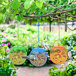 Urban Deco Set of 3 Ball Bird Feeder Metal Bird Feeders Squirrel Proof Bird Feeders for Bird Seed Birdfeeders Outside Hanging Decoration Garden Feeder, Green, Blue Orange