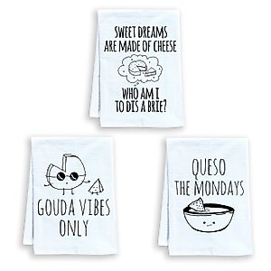 Moonlight Makers Funny Dish Towels, Set of 3, Funny Kitchen Towels, Sweet Housewarming Gift for Cheese Lovers, Farmhouse Kitchen Décor (Sweet Dreams…Brie, Gouda Vibes, Queso The Mondays)