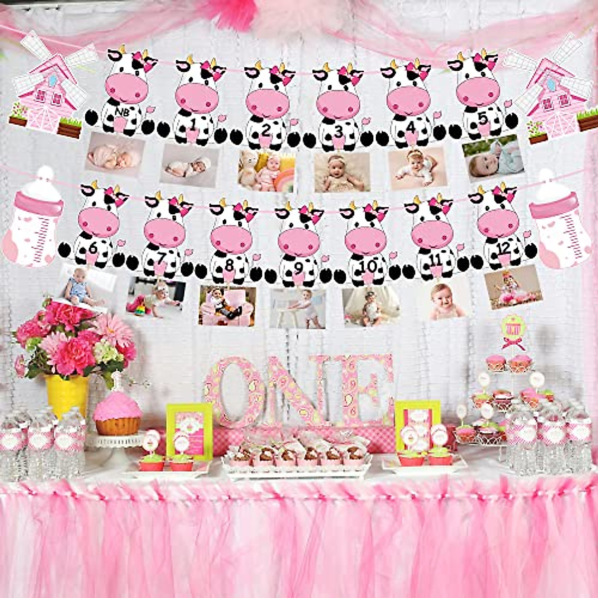 Cow First Birthday Party Decoration for Girls Pink Cow Theme 1st Birthday Photo Banner for Newborn to 12 Months for Baby Girls Farm Theme 1st Birthday Party Supplies
