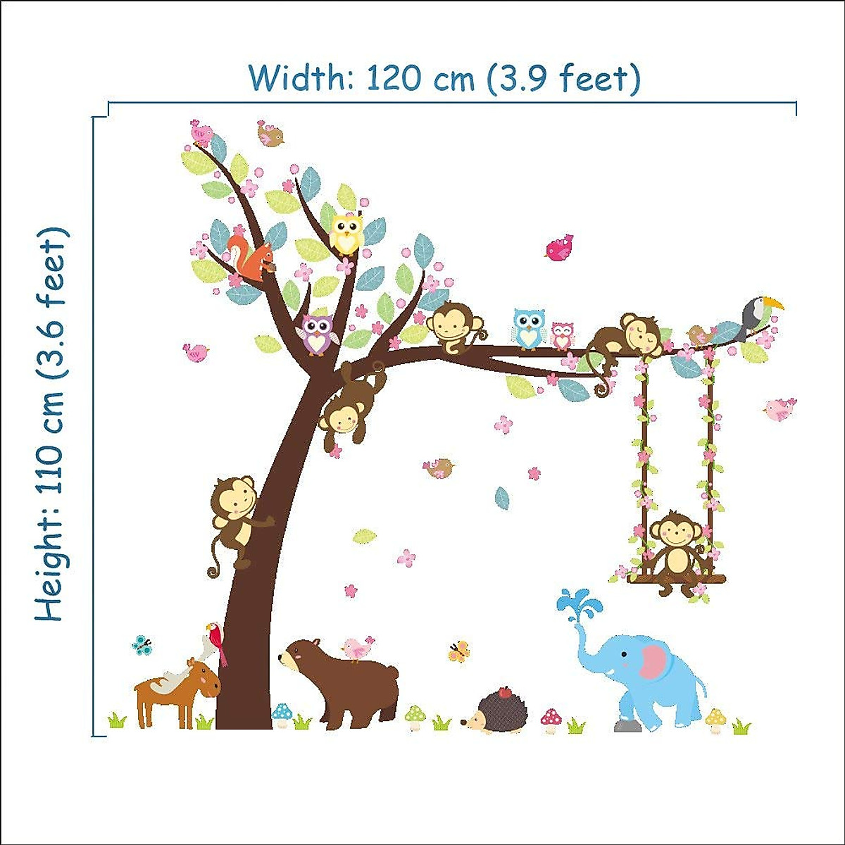 ElecMotive Cartoon Forest Animal Monkey Owls Hedgehog Tree Swing Nursery Stickers Murals DIY Posters Vinyl Removable Art Wall Decals for Kids Girls Room Decoration (Bear Elephant)