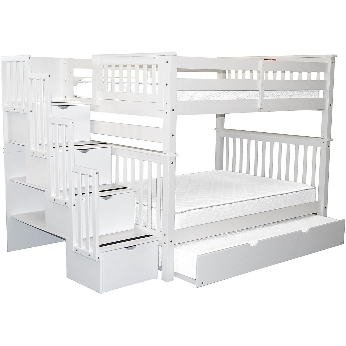 Bedz King Stairway Bunk Beds Full over Full with 4 Drawers in the Steps and a Twin Trundle, White