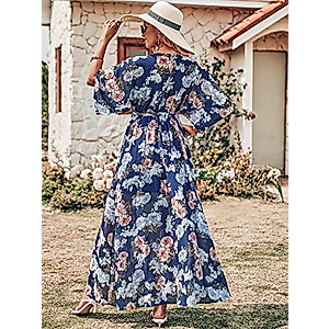ANRABESS Women’s Summer Loose Boho Flowy Wrap V Neck 3/4 Sleeve Floral Print Slit Beach Wedding Guest Long Maxi Dresses Navy Flor Large