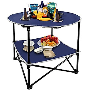 LESES Portable Picnic Table with Shelf Beach Table Outdoor Folding Camping Tables That Fold Up Lightweight with Cup Holders with Storage Bag