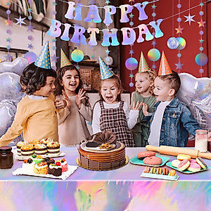 UNICORN ELEMENT Iridescent Birthday Decorations with Happy Birthday Banners, Iridescent Aluminum Foil Balloons, Hexagonal Star Round Ornaments, Sparkly Circle Garlands Hanging and Party Tablecloth for Birthday Party Supplies