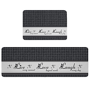 Kitchen Mat Rug Set of 2 Live Love Laugh Retro Gray Plaid Runner Rug Anti-Fatigue Comfort Memory Foam Standing Mat Non-Slip Floor Door Mat for Bathroom 18x30in+18x48in