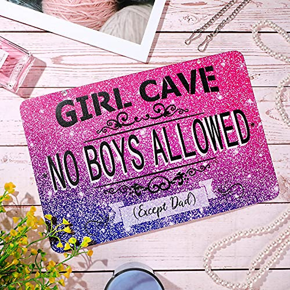 Hotop Girl Cave Metal Sign Funny No Boys Allowed Except Dad Sign Girl Room Wall Door Sign Decor with Chain for Teen Girls Daughter Bedroom Door Wall Decoration, 12 x 8 Inch