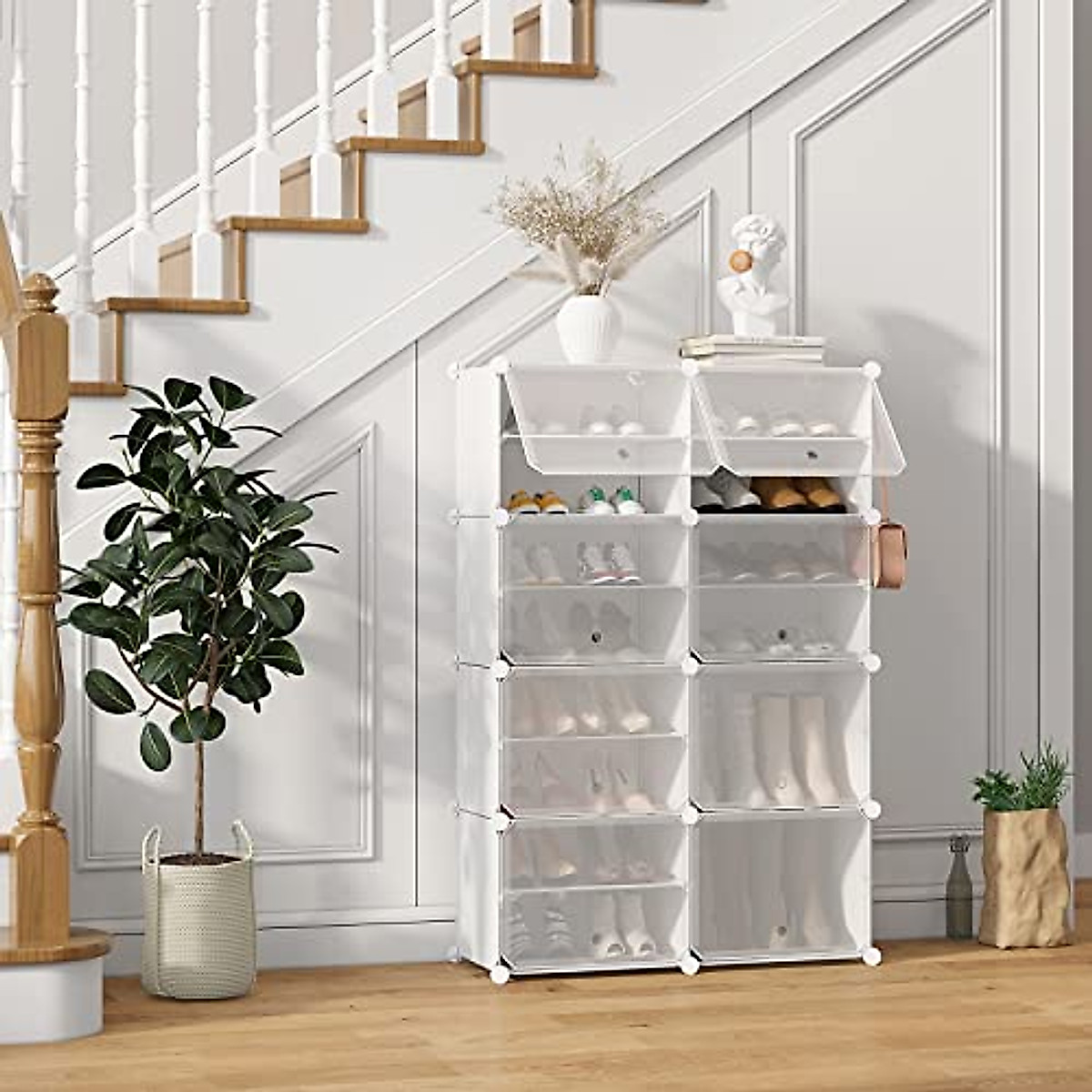 UNZIPE Shoe Rack, 8-Tier Shoe Storage Cabinet 16 Pair Free Standing Shoe Racks Plastic Shoes Shelves DIY Cube Organizer for Closet Hallway Bedroom Entryway Garage, White