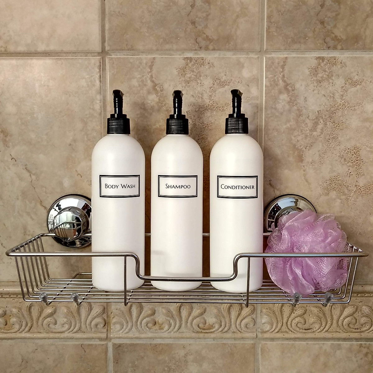 Artanis Home Silkscreened Empty Shower Bottle Set for Shampoo, Conditioner, and Body Wash, Cosmo/Bullet 16 oz 3-pack, White (Black Pumps)