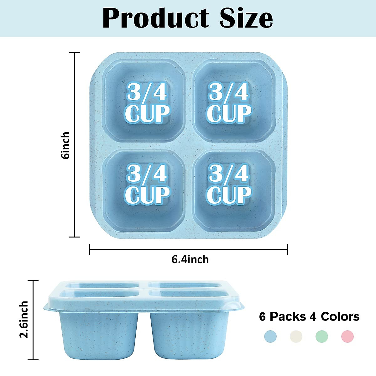 Korlon 6 Pack Snack Containers, 4 Compartments Snack Boxes for Kids, Wheat Straw Meal Prep Reusable Food Storage Lunch Containers for Adults & Kids