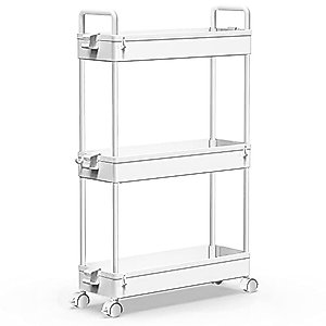 SOLEJAZZ Slim Storage Cart, 3 Tier Bathroom Cart Organizer Mobile Shelving Unit Rolling Utility Cart, Slide Out Organizer for Kitchen, Bathroom, Laundry, Narrow Places, White