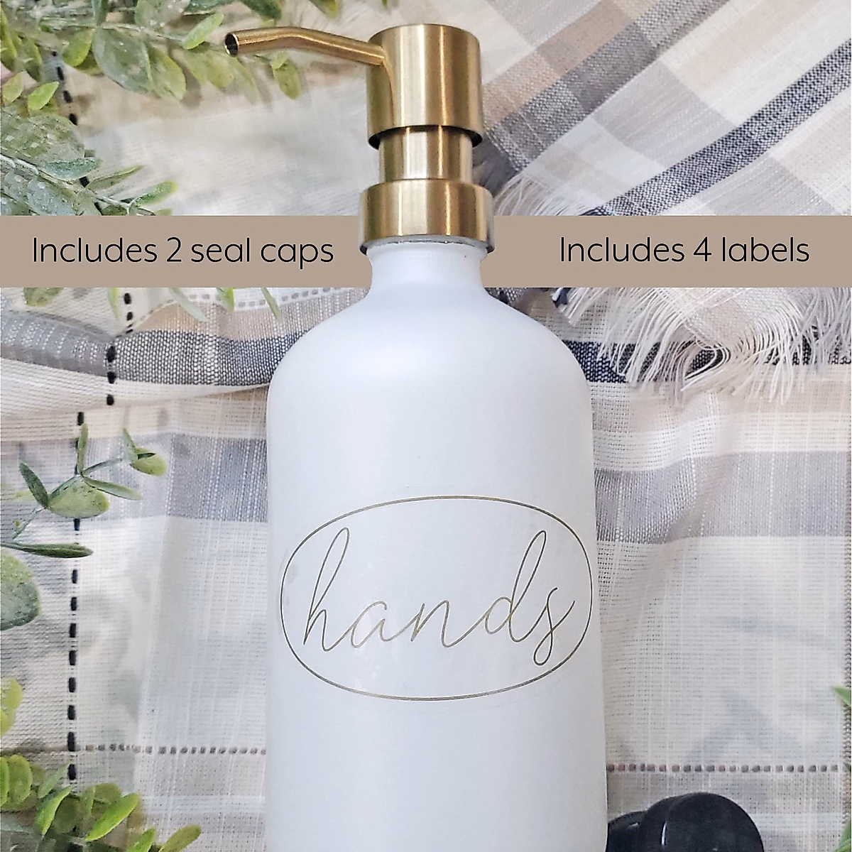 Darware 16oz Glass Pump Bottles (Set of 2, White w/Gold); Soap Dispenser Pump Bottles with Brushed Metal Pump Tops