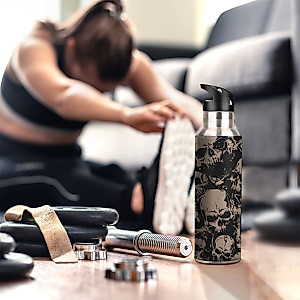 YoCosy Insulated Stainless Steel Water Bottle with Straw 20oz Retro Vintage Skull Skeleton Gothic Sports Water Bottles BPA Free Leakproof Metal Vacuum Flask Jug for Kids Gym Fitness