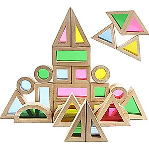 Agirlgle Wood Building Blocks Set for Kids 24 Pcs Rainbow Stacker Stacking Game Construction Toys Set Preschool Colorful Learning Educational Toys - Geometry Wooden Blocks for Boys & Girls