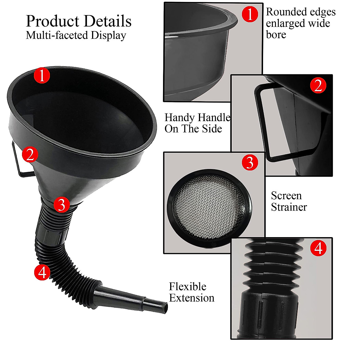 Flex Funnel - Wide Mouth Flexible Funnel with Handle, Multi-Functional Large Plastic Automotive Funnels for Cars and Motorcycles, Engine Oil, Liquid, Diesel, Kerosene,Gasoline (2pcs * 5.2" Black)