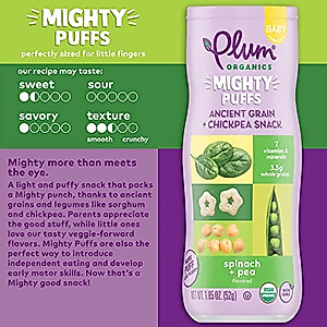 Plum Organics Mighty Puffs Snack For Babies - Variety Pack - (Pack of 6) 1.85 oz - Includes Carrot & Broccoli, Beet & Strawberry, and Spinach & Pea Flavors - Ancient Grain & Chickpea Snacks
