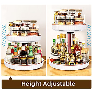 Double Layer Lazy Susans,2 Tiers Plastic Turntable with Adjustable Height, 360° Rotating Spice Rack for Kitchen Cabinet Storage, White (Diameter 10.23"-11.81")