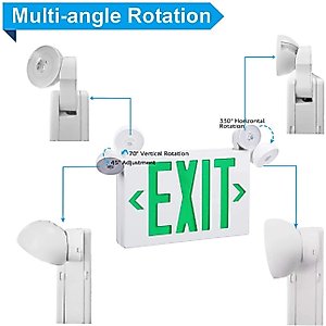 EXITLUX 1 Pack Green Led Exit Sign with Emergency Lighting Battery Backp -Two LED Adjustable Head -120V/277V-UL Listed-Exit Lighting -Dual LED Lamp ABS Fire Resistance for Power Failure.