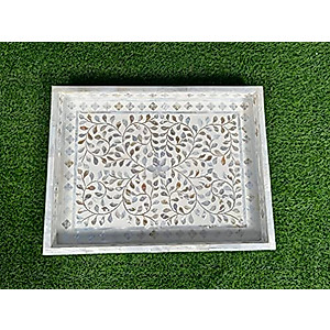 Beautifully Handcrafted Antique Mother of Pearl Serving Tray | White Colour Home Decor Tray | Decorative Food Platter | Handcrafted Ottoman Tray | Breakfast in Bed Tray - Fairdeal Handicrafts