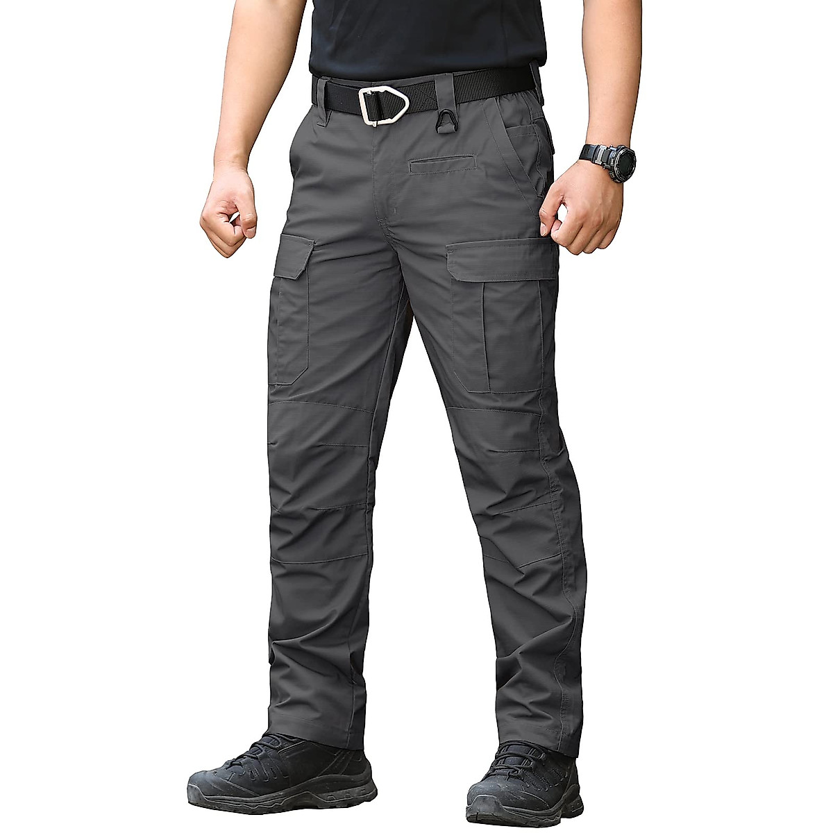 CARWORNIC Men's Ripstop Tactical Pants Waterproof Lightweight Work Pants EDC Army Uniform Combat Military Pants Multi Pocket Relaxed Fit Cargo Pants Casual Outdoor Hiking Trousers Grey