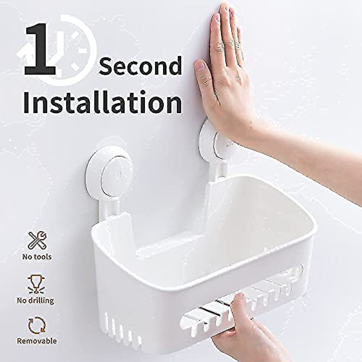 Shower Caddy Suction Cup Shower Shelf Shower Basket with 4 Hooks 1 Second Installation NO-Drilling Removable Powerful Suction Shower Caddy Max Hold 22lbs Caddy Suction Cup Waterproof Organizer - White