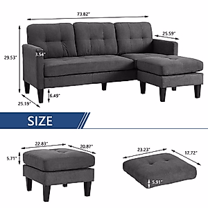 TITIMO Convertible Sectional Sofa Couch, L Shaped Sofa with Reversible Chaise Convertible Sectional Couch 3-Seater Modern Small Couches for Small Space (Grey)