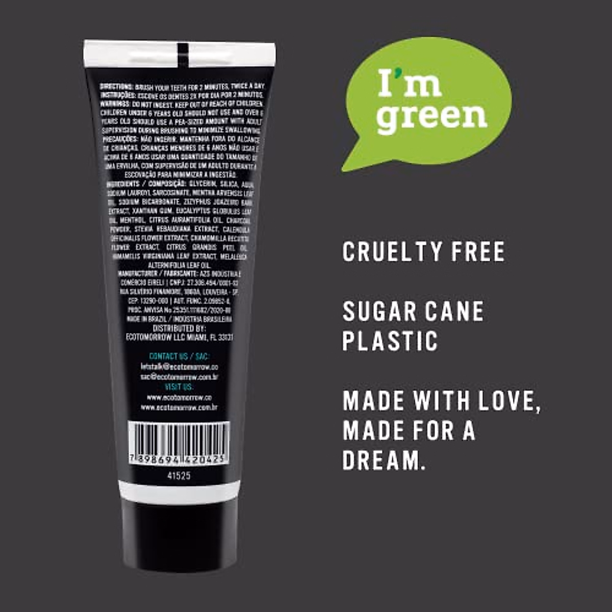 EcoTomorrow Charcoal Whitening Toothpaste - Natural Juá & Tea Tree, Fluoride Free, Plant Based with Peppermint Essential Oil - 4.0oz (Pack of 3)