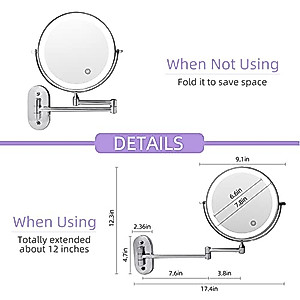 Wall Mounted Lighted Makeup Mirror, 1X 10X Magnifying Mirror with Light 3 Color Dimmable, 8'' Double Sided LED Light up Bathroom Vanity Mirror with Magnification, 360° Extendable Arm Shaving Mirror
