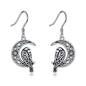 Raven Earrings 925 Sterling Silver Crescent Moon Crow Witchy Dangle Earrings Halloween Jewelry Gifts for Women