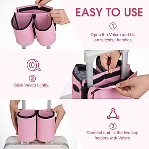 Luggage Cup Holder Travel Drink Bag Luggage Drink Caddy with Shoulder Strap, Thermal Insulation and Zipper Pocket, Travel Accessories Gifts for Flight Attendants, Fits Roll on Suitcase Handles (Pink)