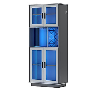 LVSOMT LED Wine Bar Cabinets with Removable Wine Rack, Bar Cabinets for Liquor with Light Motion Sensor, Kitchen Cabinet Storage for Dinning Room, Living Room (Dark Grey + Light Grey)