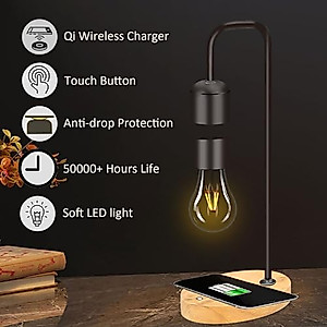 FloatGo Levitating Bulb Lamp with Wireless Phone Charger Apple Android Magnetic Floating Futuristic Lamp Black LED Night Light Desk Lamp for Christmas Gift Home Move in Decoration