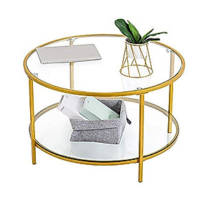 Bonnlo 31.5" Round Coffee Table with Open Storage Shelf,2-Tier Temperred Glass Round Accent Coffee Table with Metal Frame, Mustard Gold