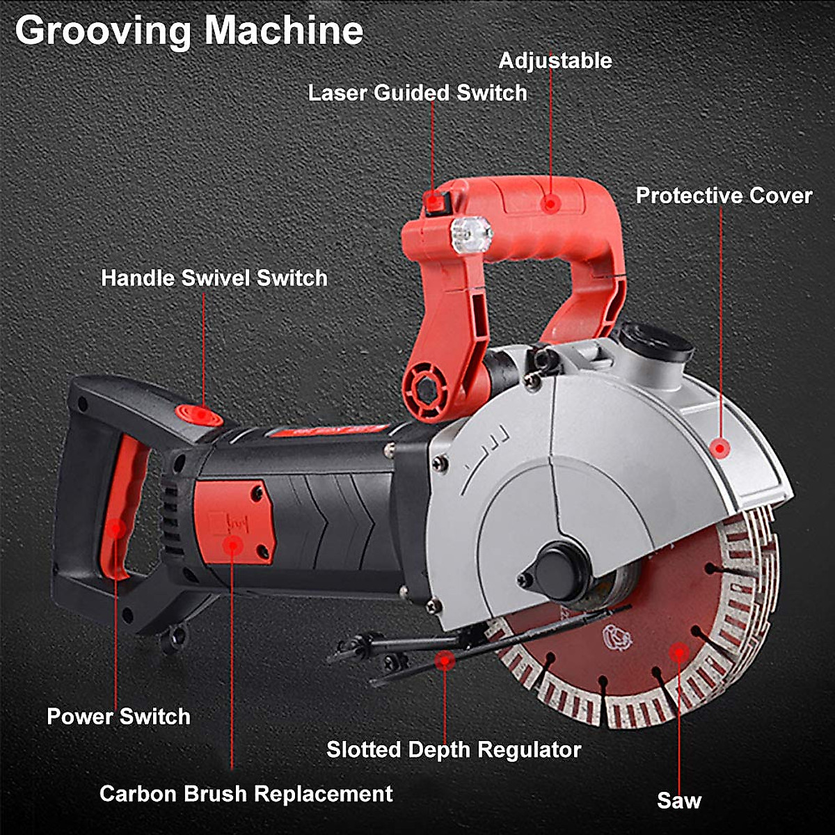 Wall Grooving Machine, Channels Cutter, Concrete Cutting Machine for Cutting Slotting Marble Concrete Grooves 110V(Red)