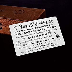FALOGIJE 18th Birthday Card Gifts for Granddaughter, Birthday Gifts for 18 Year Old Granddaughter, Engraved Metal Wallet Card