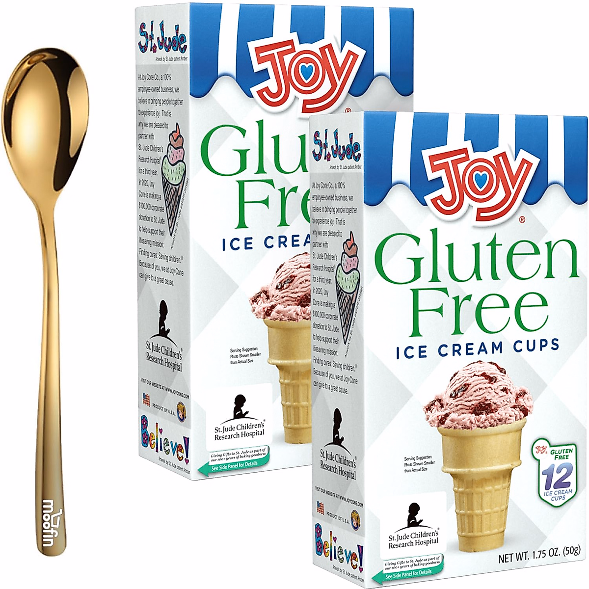 moofin Joy Gluten Free Ice Cream Cups Cones 1.75 Oz (Pack of 2, 12/pack), Joy Cake Cones - Bigger than Joy mini Ice Cream cones for kids, cake pops - Ice Cream Cups Golden Stainless Steel Spoon