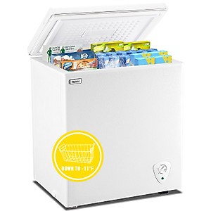 5.0 Cubic Feet Chest Freezer Small Deep Freezers with Removable Storage Basket Free Standing Top Door Compact Freezer 7 Gears Temperature Control for Office Dorm Apartment