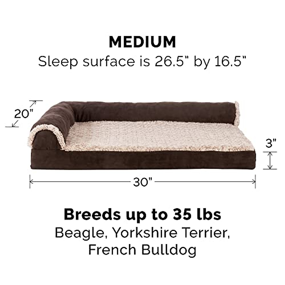 Furhaven Medium Cooling Gel Foam Dog Bed Two-Tone Faux Fur & Suede L Shaped Chaise w/ Removable Washable Cover - Espresso, Medium