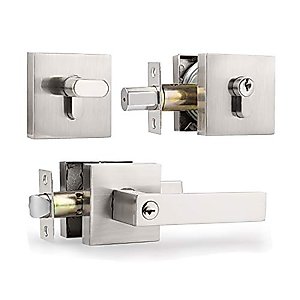 Entry Door Handle Set with Single Cylinder Deadbolts, Satin Nickel Finish Door Levers with Lock&Keys, Contemporary Modern Style Door Handleset Combo Pack, Keyed Alike per Set