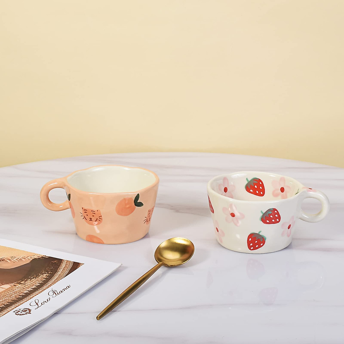 Koythin Ceramic Coffee Mug, Cute Creative Hand Printed Mug Design for Office and Home, 6.5 oz/200 ml for Latte Tea Milk (Strawberries and Flowers)