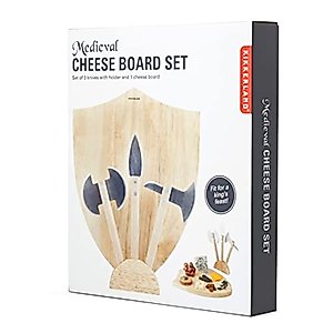 Kikkerland Medieval Wooden Charcuterie Cutlery Cheese Board Knight's Shield Party Serving Tray Set
